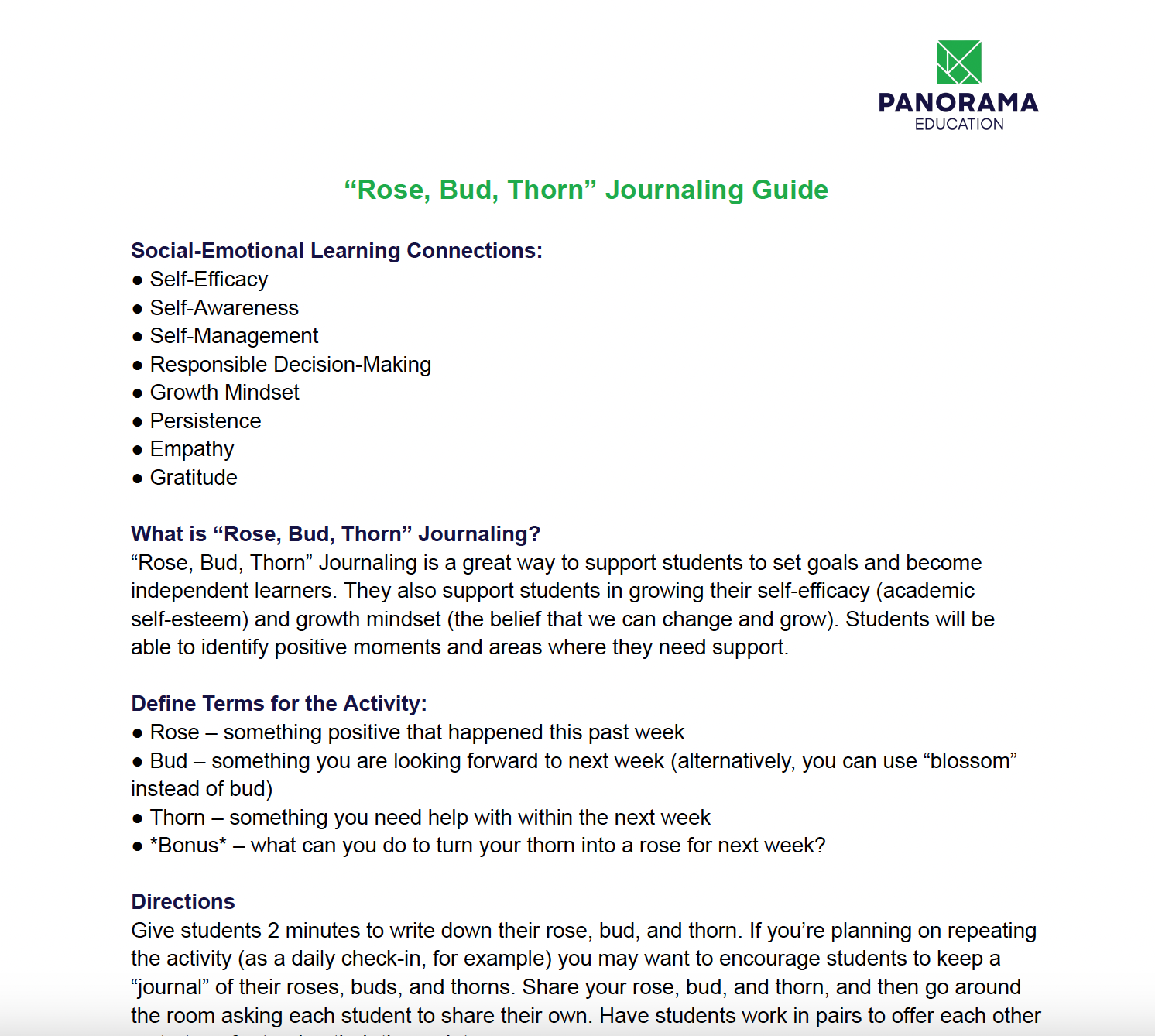 "Rose, Bud, Thorn" Activity and Worksheet for School-wide Implementation